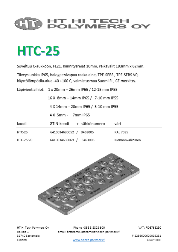 Läpivientilaipat, Pienet läpiviennit, Tulpat - HT HI TECH POLYMERS