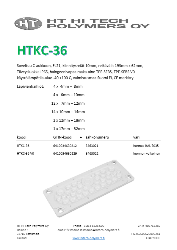 Läpivientilaipat, Pienet läpiviennit, Tulpat - HT HI TECH POLYMERS