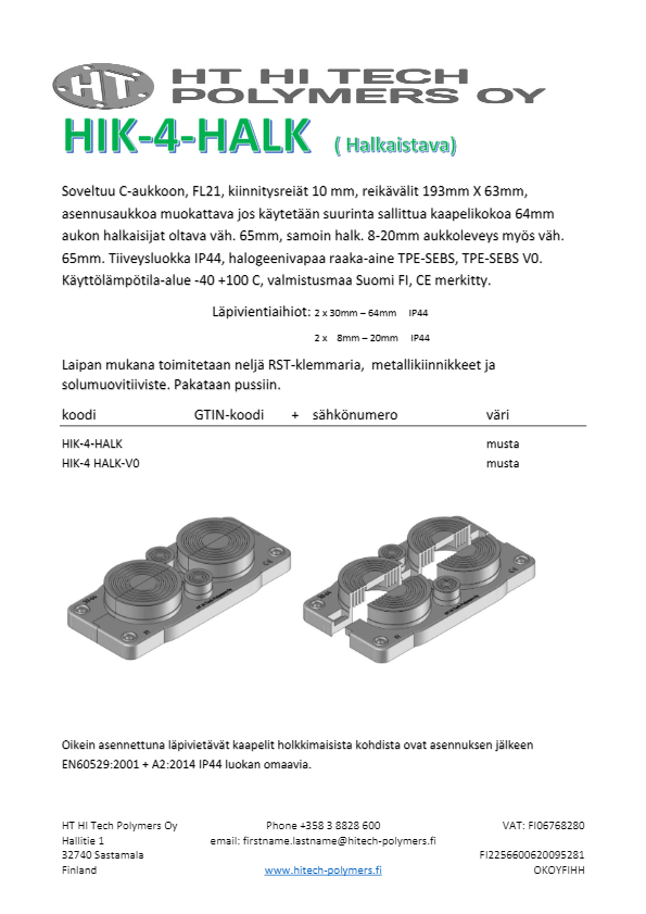 Läpivientilaipat, Pienet läpiviennit, Tulpat - HT HI TECH POLYMERS