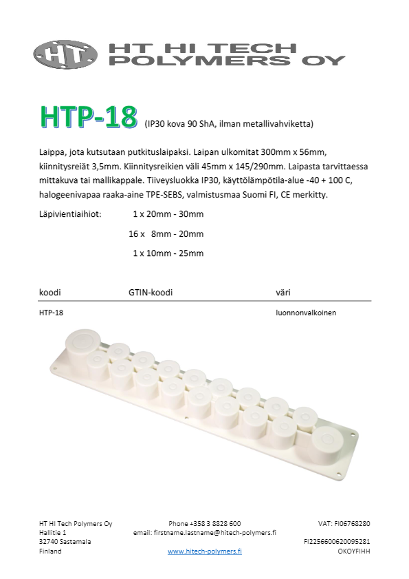 Läpivientilaipat, Pienet läpiviennit, Tulpat - HT HI TECH POLYMERS