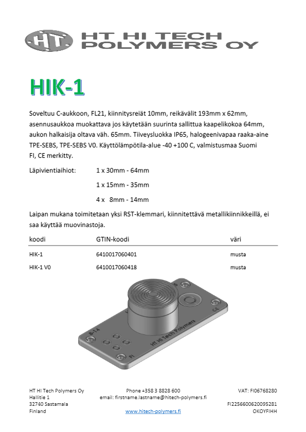 Läpivientilaipat, Pienet läpiviennit, Tulpat - HT HI TECH POLYMERS