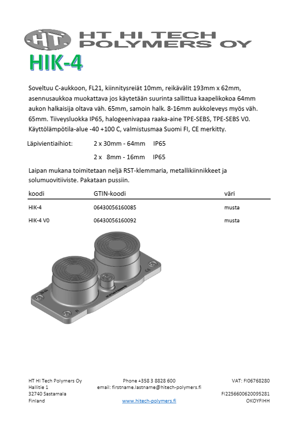 Läpivientilaipat, Pienet läpiviennit, Tulpat - HT HI TECH POLYMERS