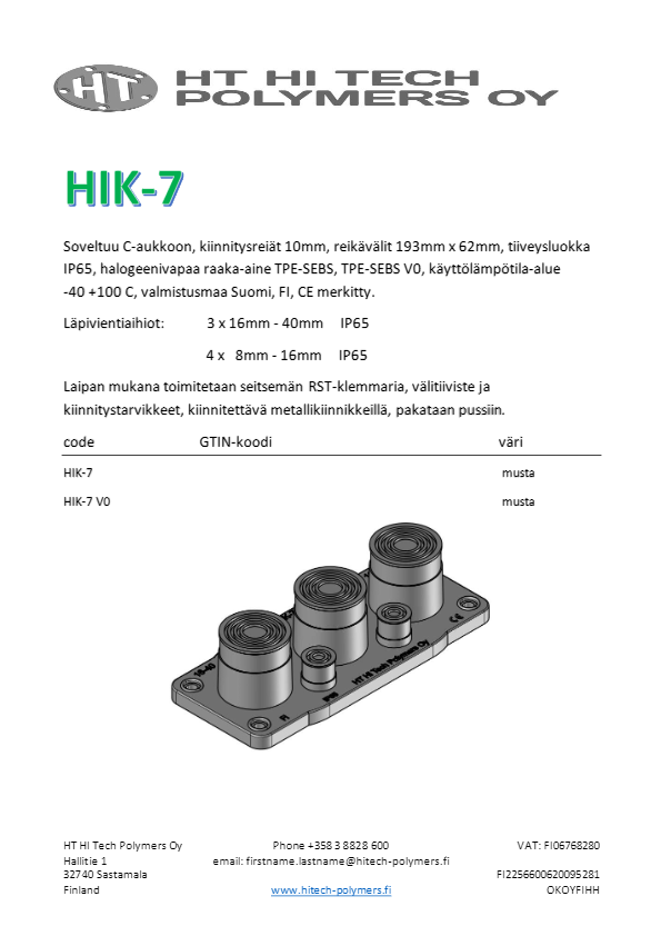 Läpivientilaipat, Pienet läpiviennit, Tulpat - HT HI TECH POLYMERS